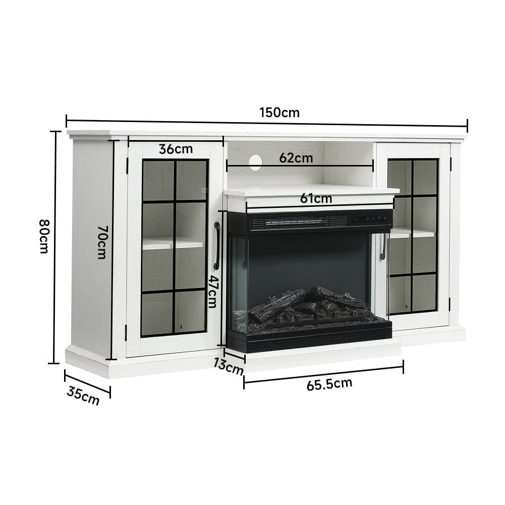 150cm W Electric Fireplace TV Stand with Glass Door Closed Storage 3 F ...