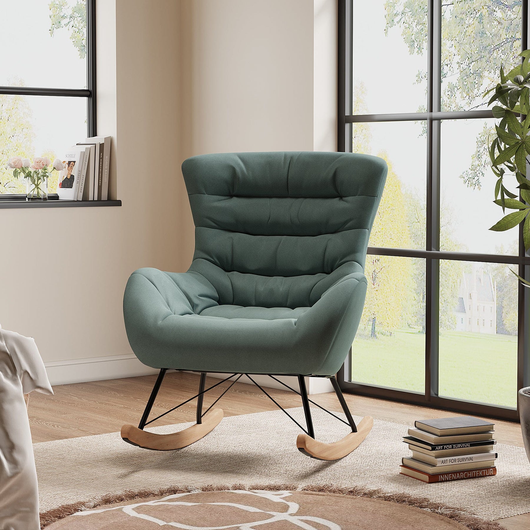 96cm Height Cyan Nordic Wooden Rocking Chair for Living Room Bedroom ...