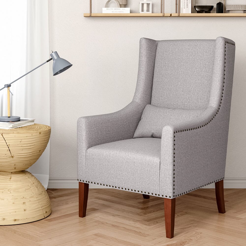 Grey Burlap High Back Studded Armchair with Cushion – Living and Home