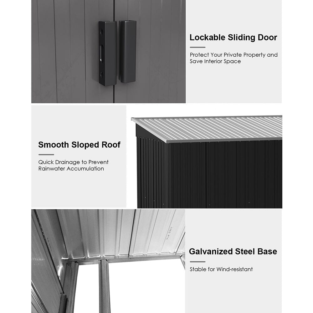 8.6 ft Garden Bike Sheds Metal Storage Shed with Lockable Sliding Door ...