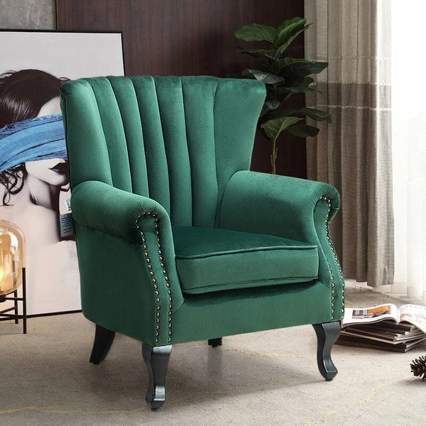 Green Velvet Upholstered Wingback Chair Thick Padded Armchair – Living ...