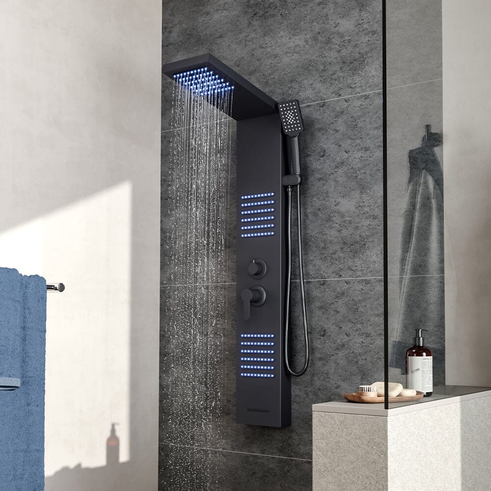 4 in 1 Bathroom Black Thermostatic Tower Shower Panel Wall Mounted ...