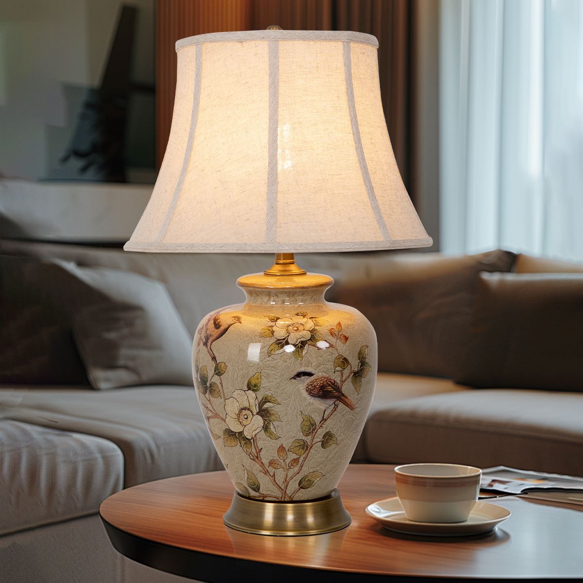Lightsin Vintage Ceramic Bird-Pattern Table Lamp with Fabric Shade ...