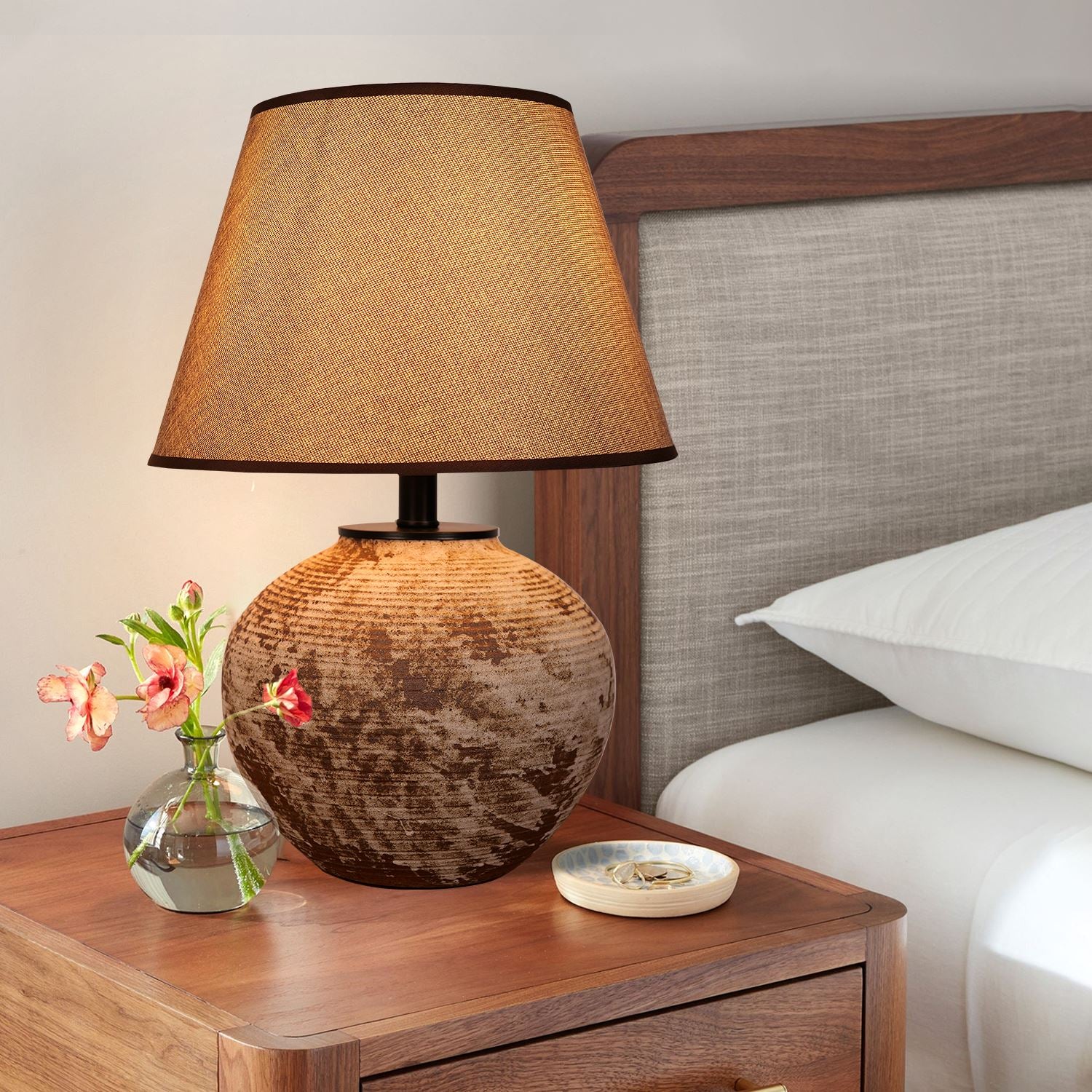 Lightsin Rustic Ceramic Table Lamp with Textured Base and Linen Shade ...