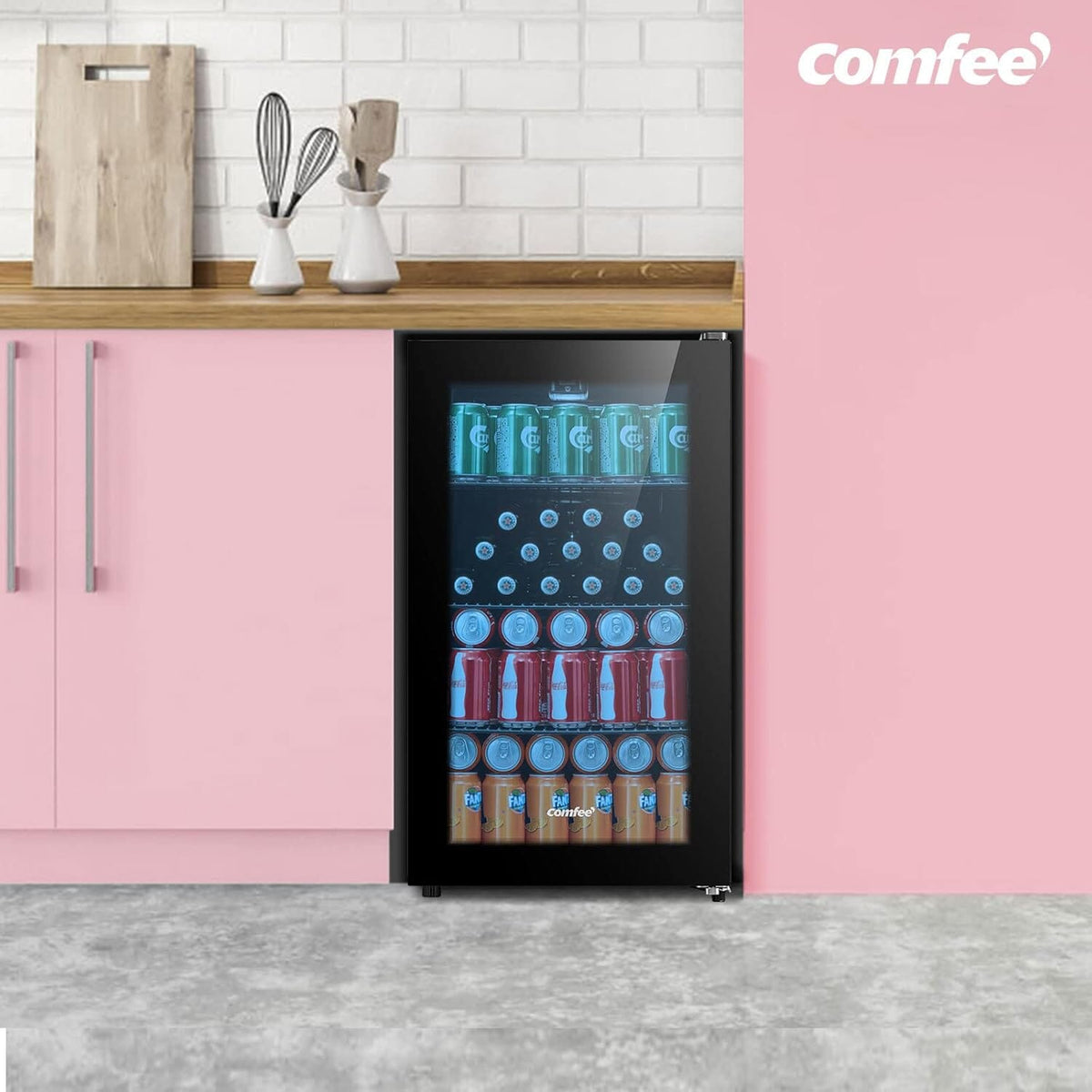 COMFEE 93L Black Compact Drinks Fridge with Adjustable Shelves and LED ...