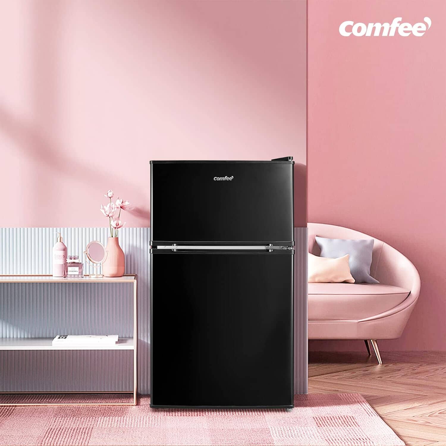 COMFEE 87L White/Black Under Counter Fridge Freezer with Adjustable Th ...