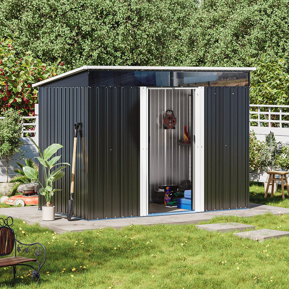 8.6 ft Garden Bike Sheds Metal Storage Shed with Lockable Sliding Door ...