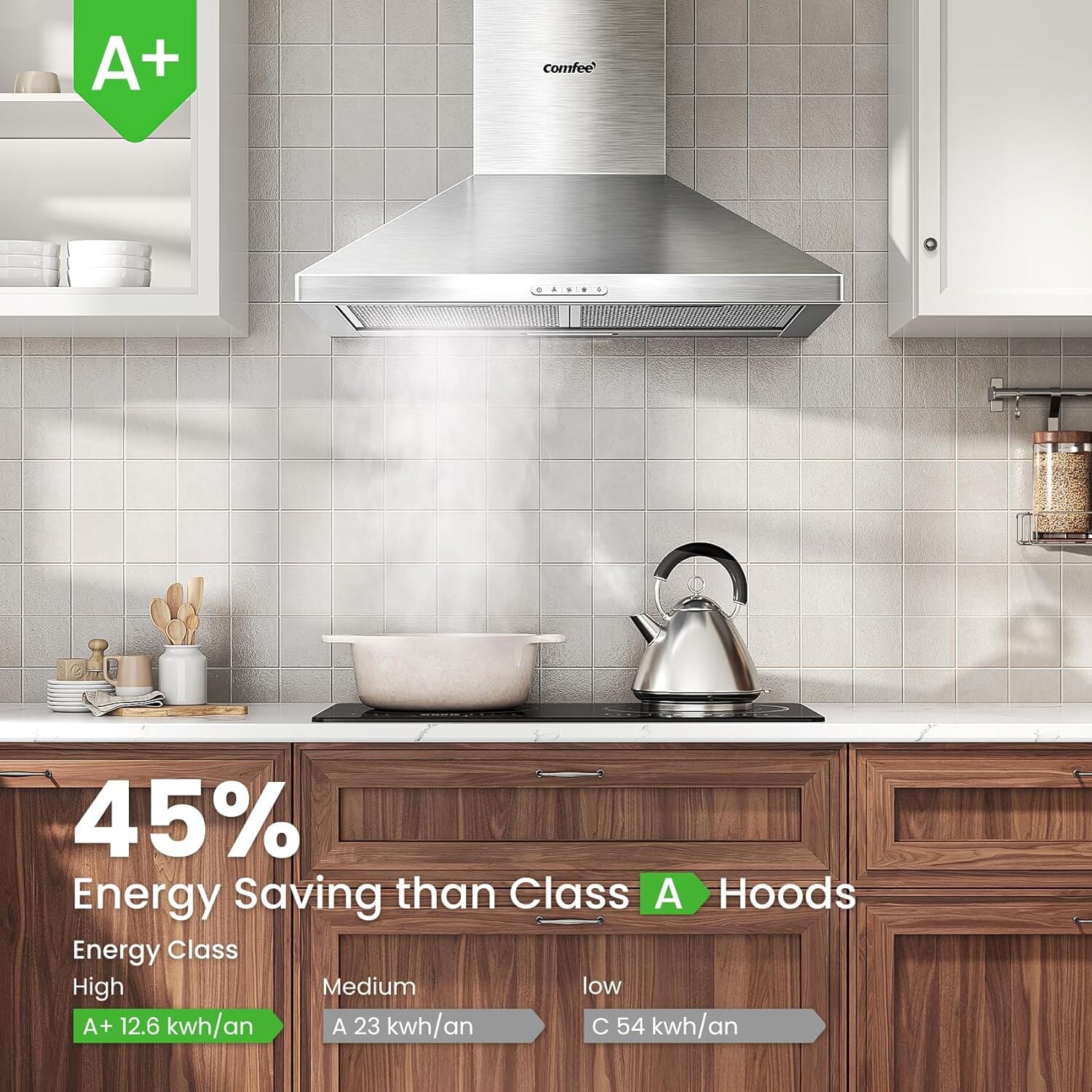 Class A+ 60cm Chimney Cooker Range Hood Kitchen Extractor with 3-Speed ...