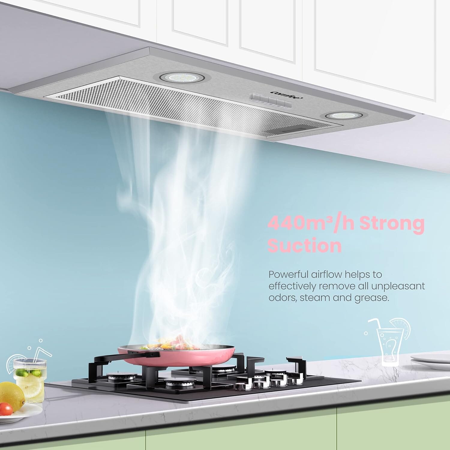 52cm Metal Insert Range Hood Cooker Extractor with 3-Speed Modes ...