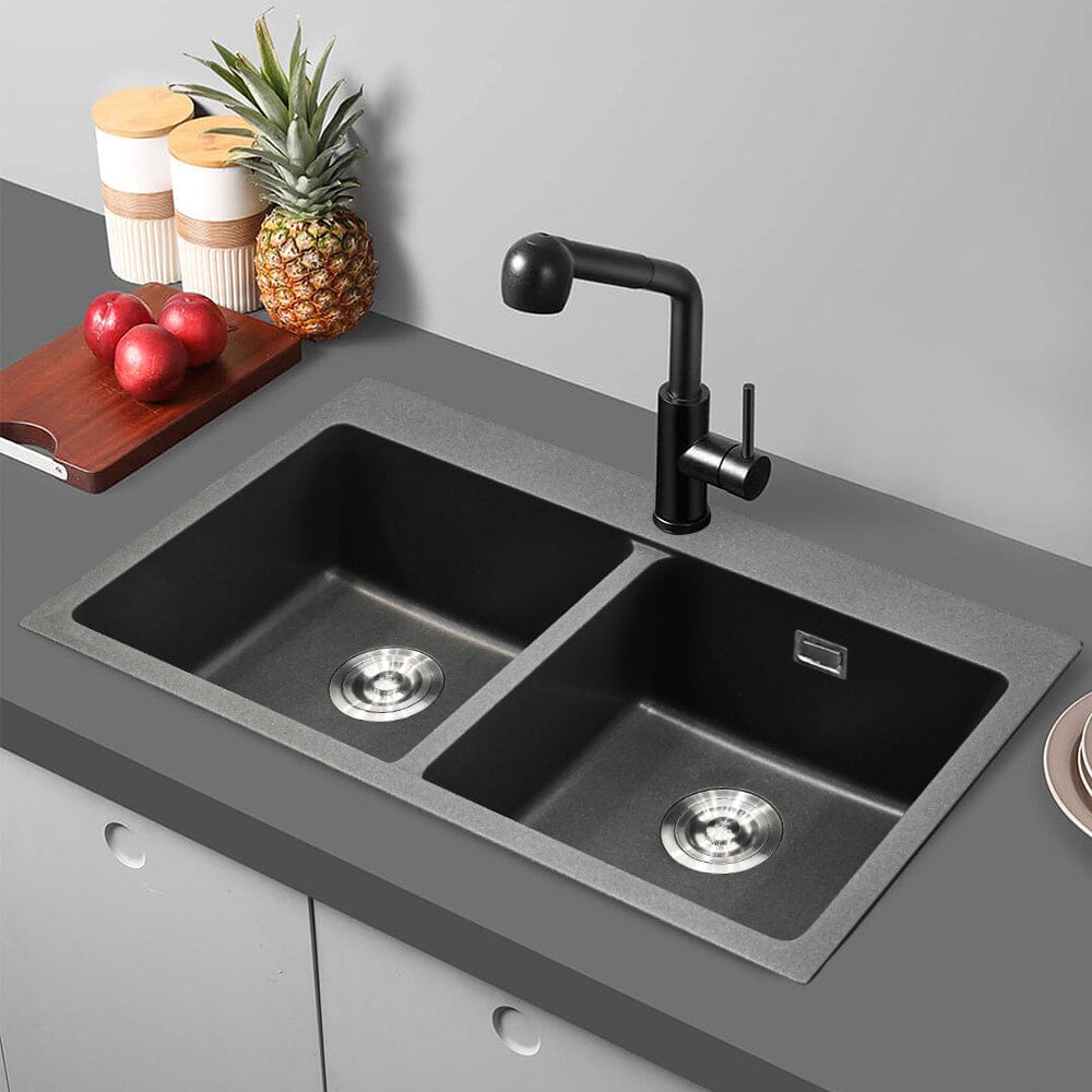 Quartz Undermount Kitchen Sink Double Bowl Black/Grey – Living and Home