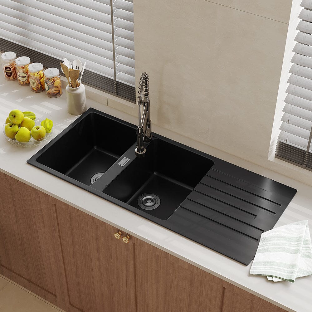 Quartz Undermount Double Bowl Kitchen Sink with Drainboard – Living and ...