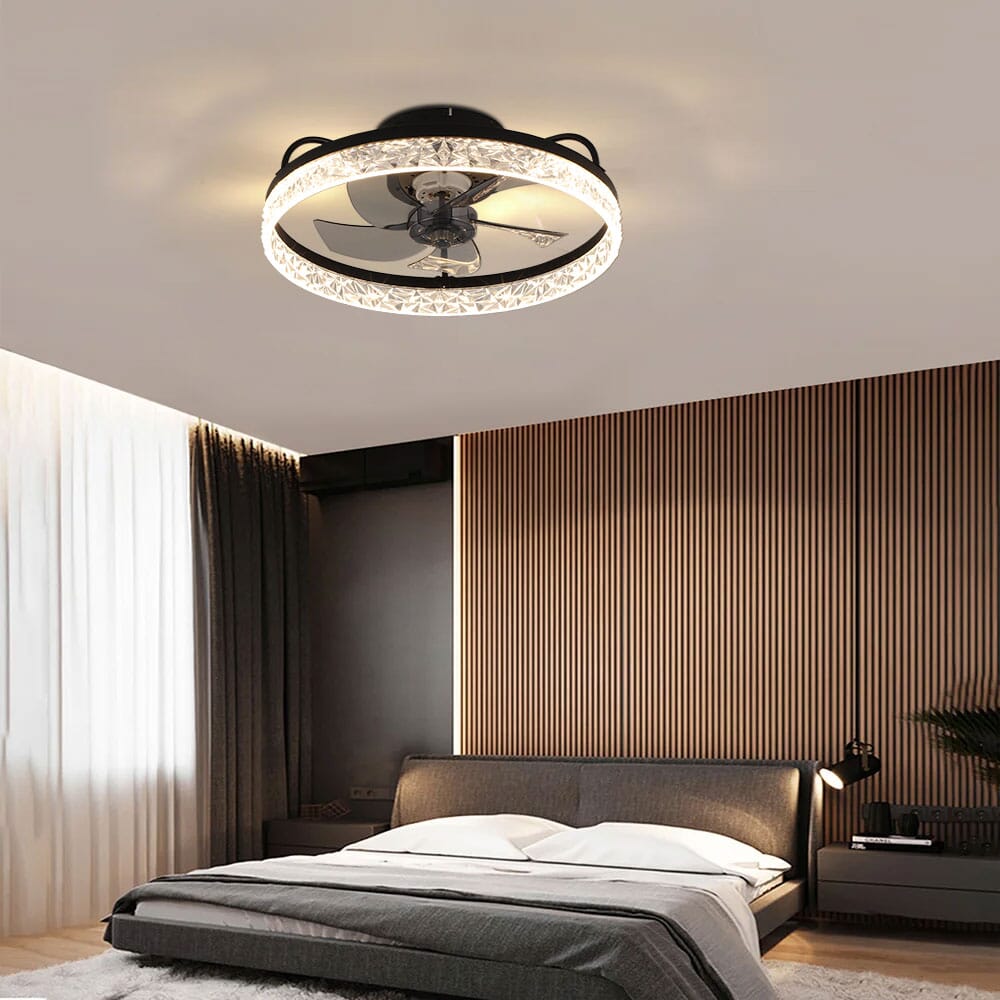 48cm Modern Black Round Crystal Ceiling Fan with Light – Living and Home