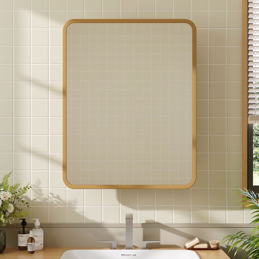 Surface Mount Rectangular Bathroom Storage Mirror Cabinet with Round C ...