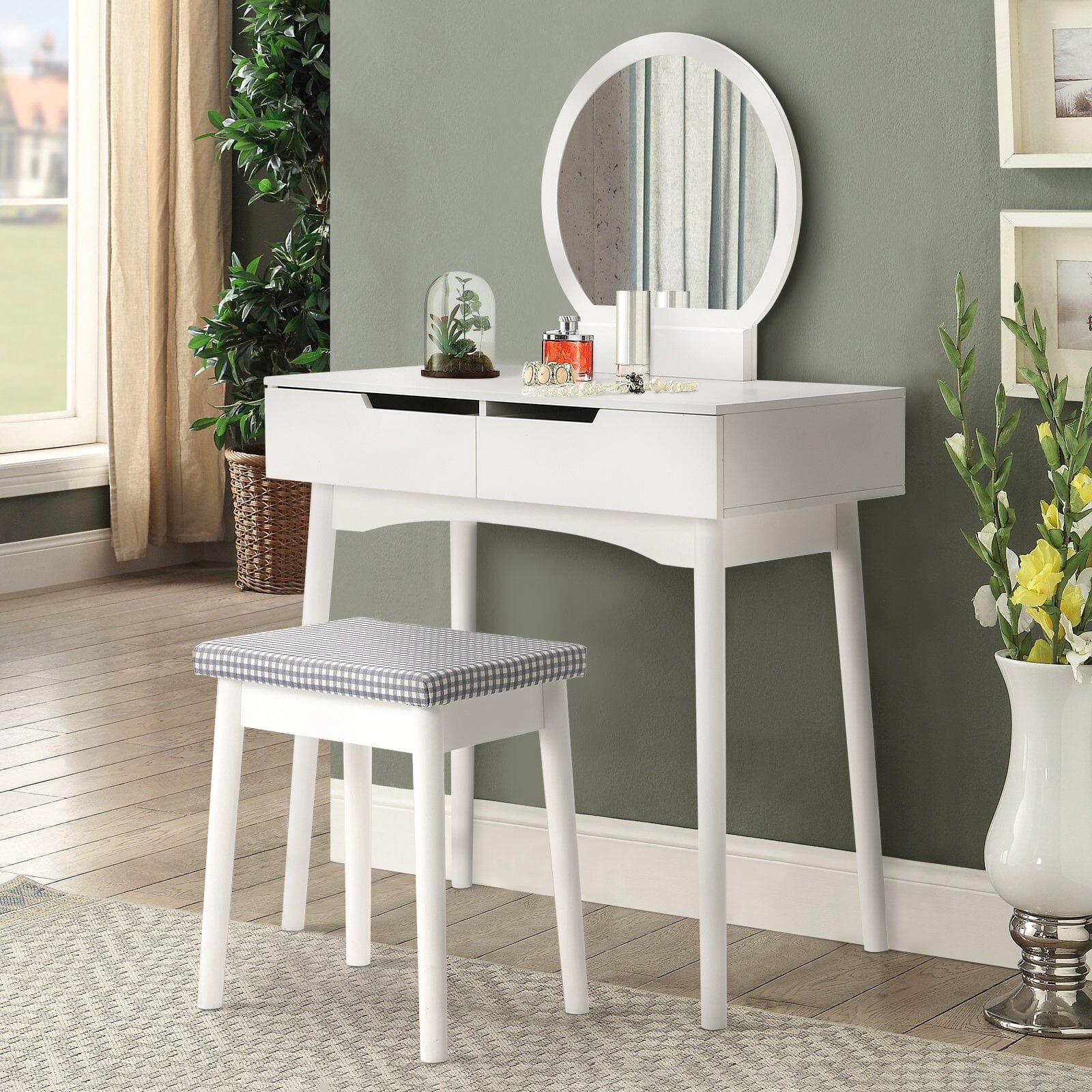 Luxurious White Vanity Table with Drawer Storage, Checkered Stool, and ...