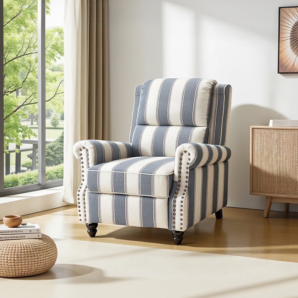 Stripe Linen Push Back Recliner Chair With Solid Wooden Legs – Living ...