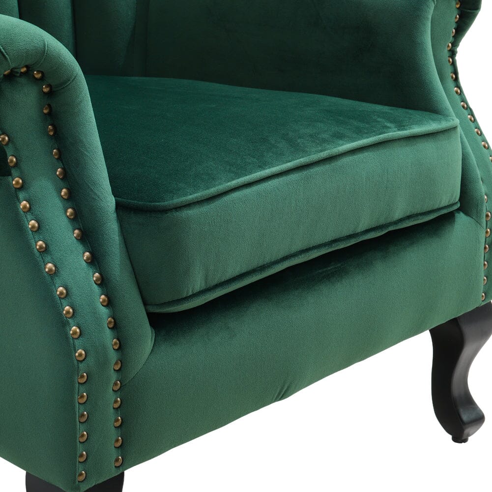 Green Velvet Upholstered Wingback Chair Thick Padded Armchair – Living ...