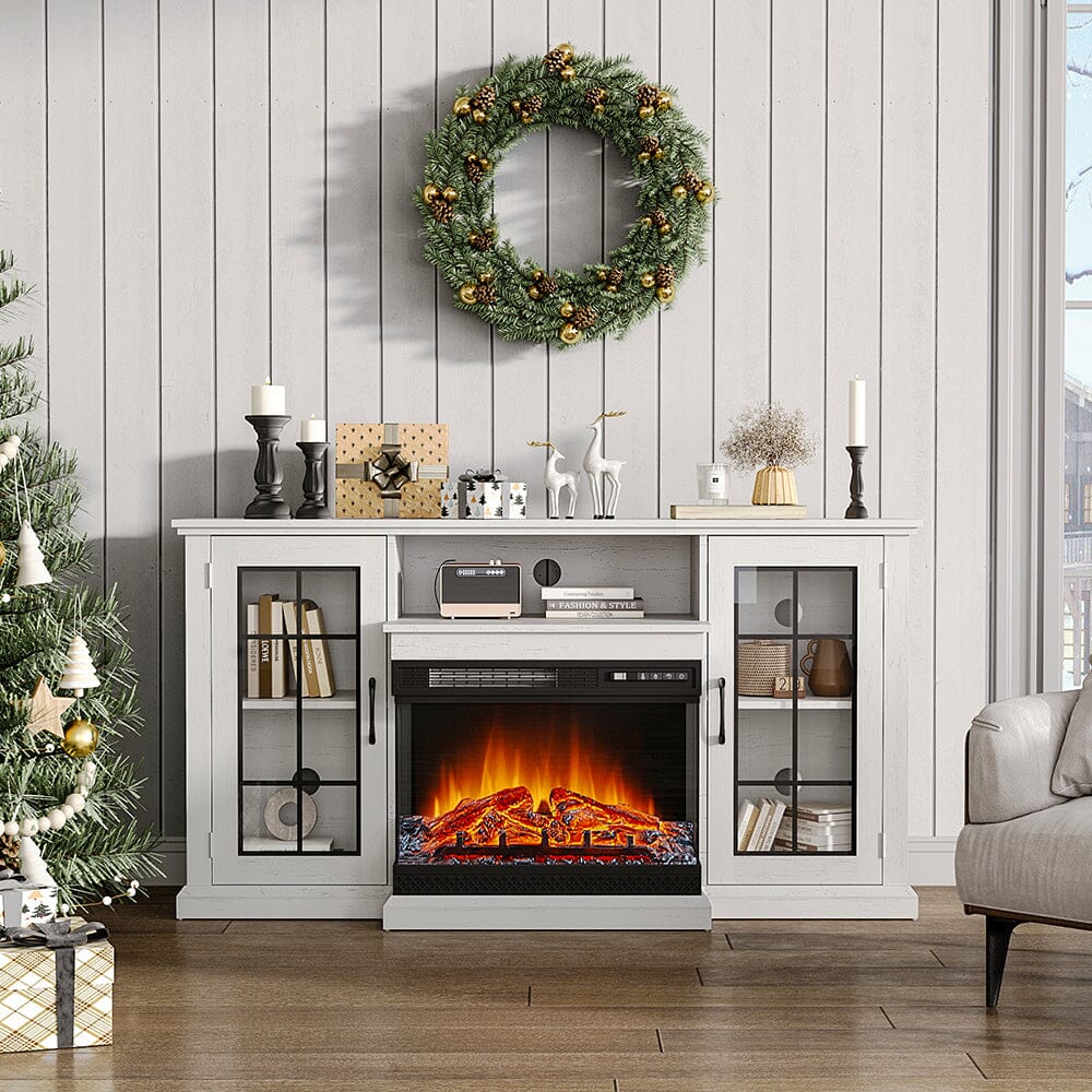150cm W Electric Fireplace TV Stand with Glass Door Closed Storage 3 F ...