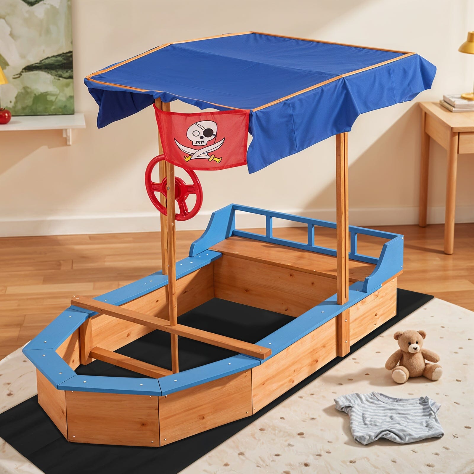 Kids Wooden Pirate Ship Sandbox with Canopy – Indoor & Outdoor Play Se ...