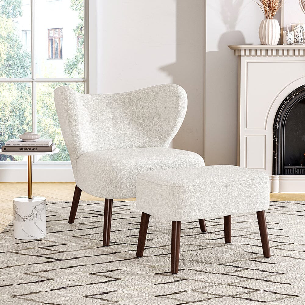 White Boucle Teddy Upholstered Accent Chair with Footstool – Living and ...