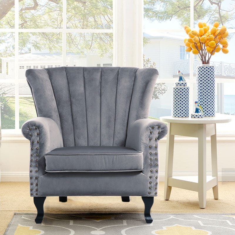 Blue Velvet Wingback Chair Upholstered Armchair – Living and Home