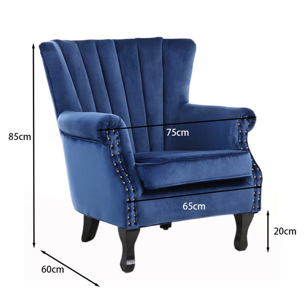Blue Velvet Wingback Chair Upholstered Armchair – Living and Home