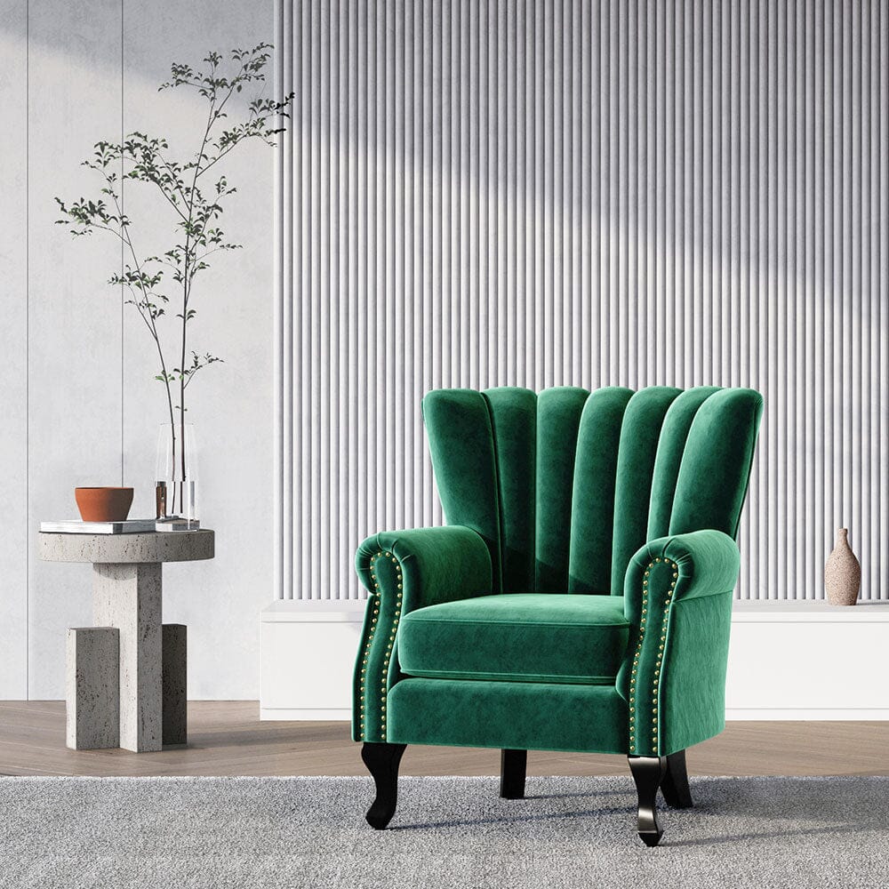 Green Velvet Upholstered Wingback Chair Thick Padded Armchair – Living ...