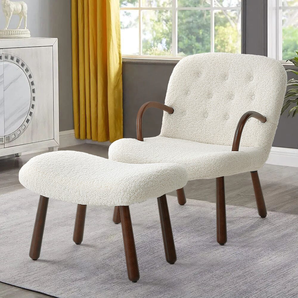 Modern White Lamb Wool Armchair with Ottoman Set Lounge Chair with Foo ...