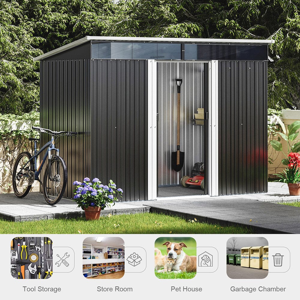 8.6 ft Garden Bike Sheds Metal Storage Shed with Lockable Sliding Door ...
