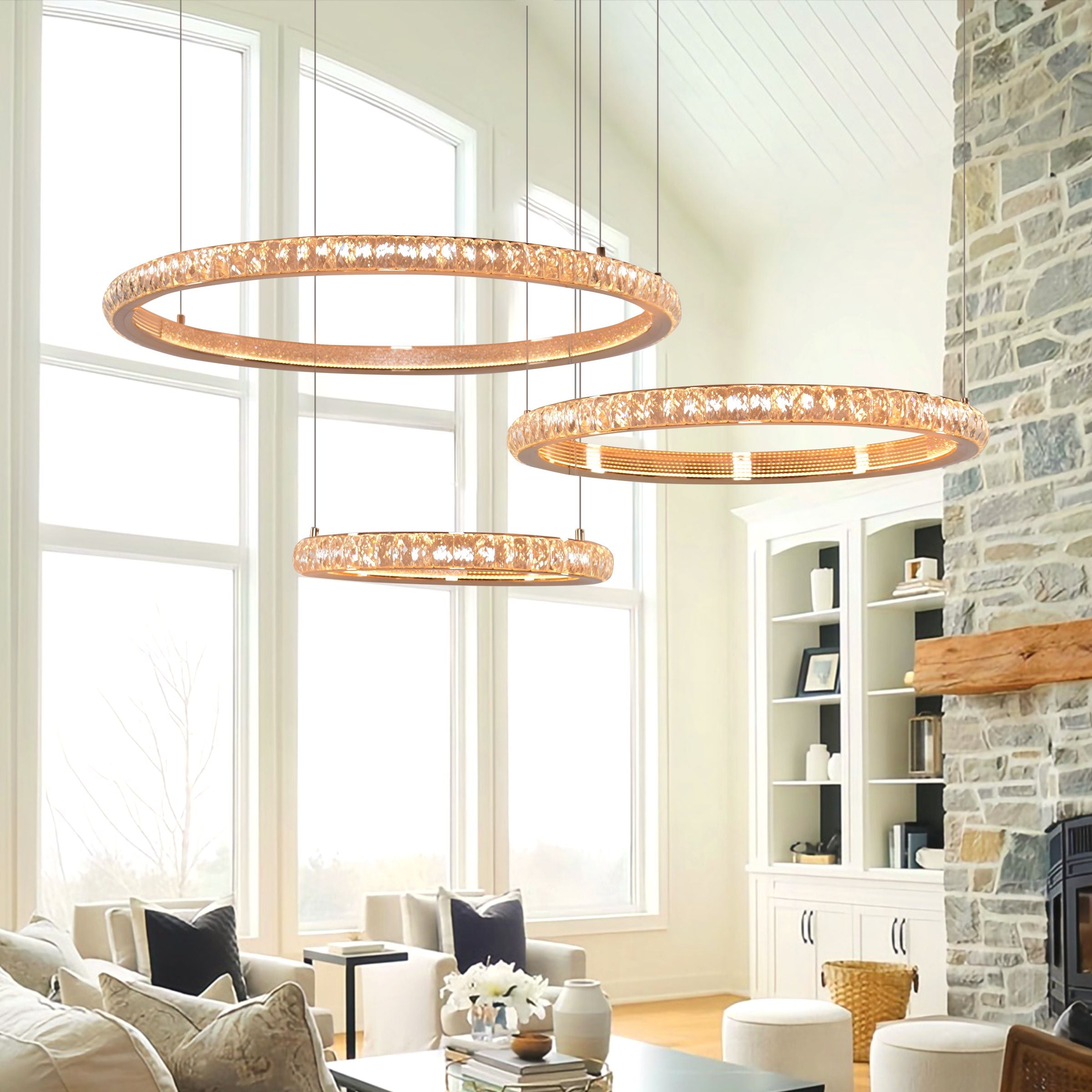 Lightsin Modern Crystal LED Triple-Ring Pendant Chandelier – Living and ...