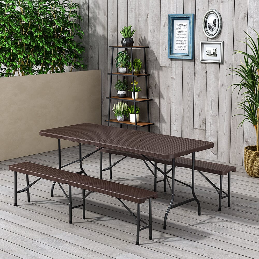 3-Piece Rattan Plastic Outdoor Folding Table Bench Set – Living and Home