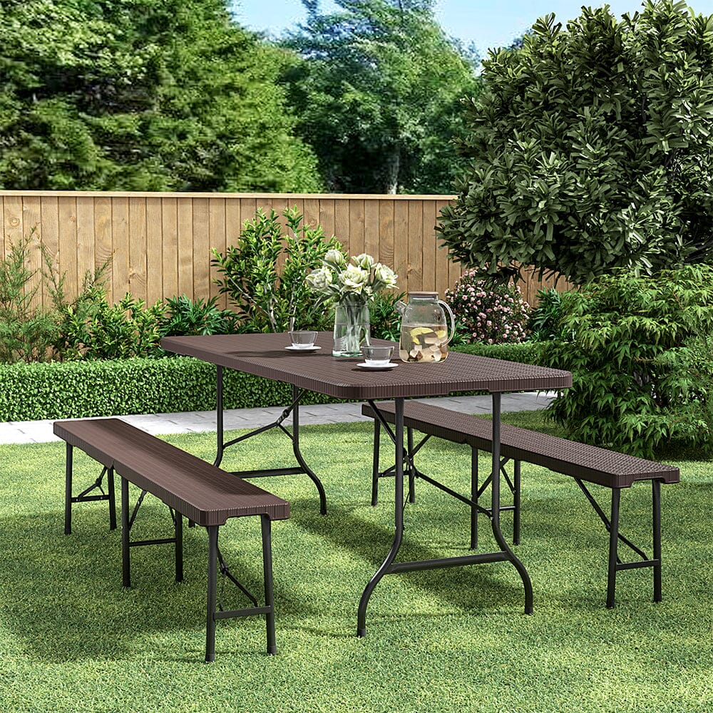 3-Piece Rattan Plastic Outdoor Folding Table Bench Set – Living and Home