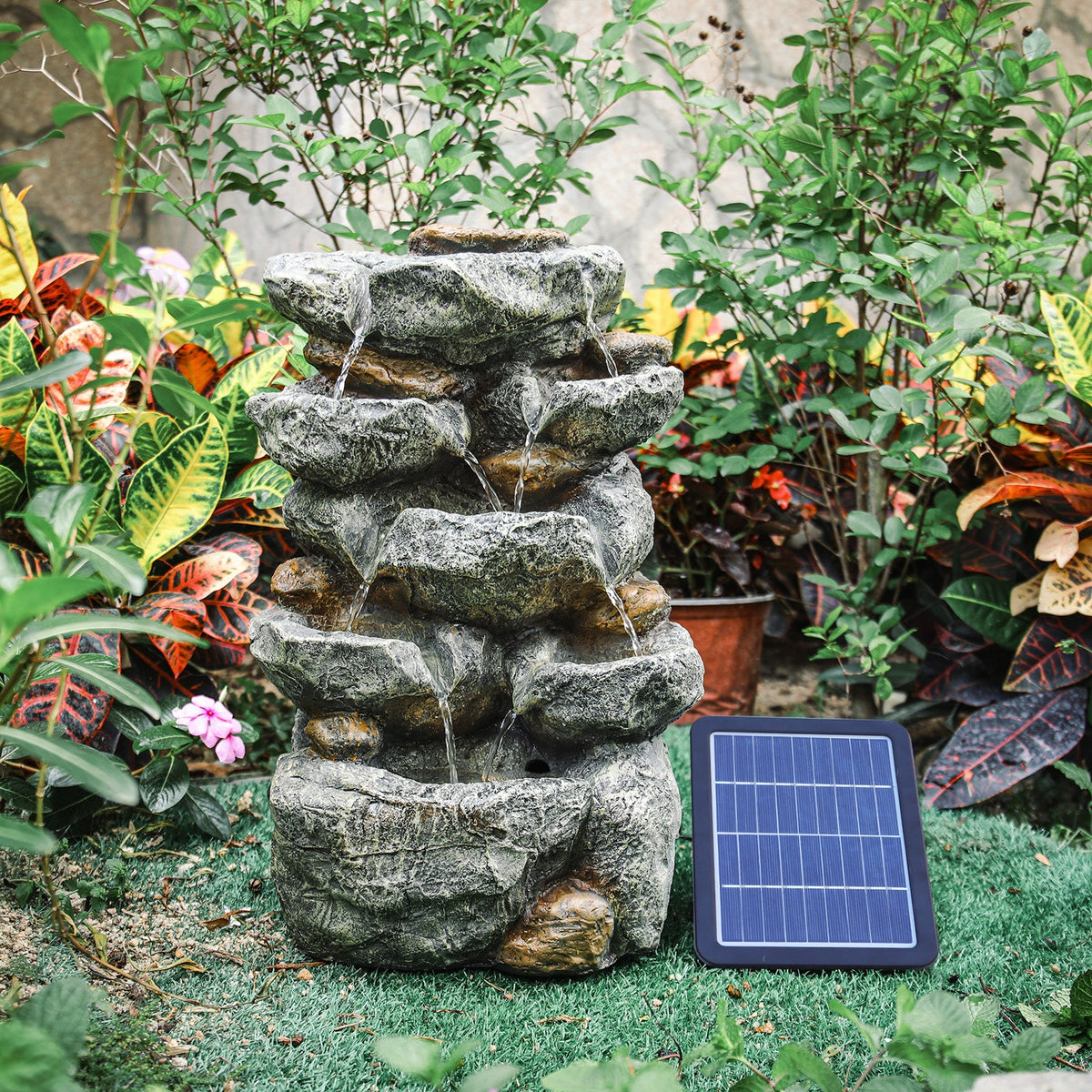 49cm Height Solar Power Garden Water Feature Cascading LED Rockfall ...