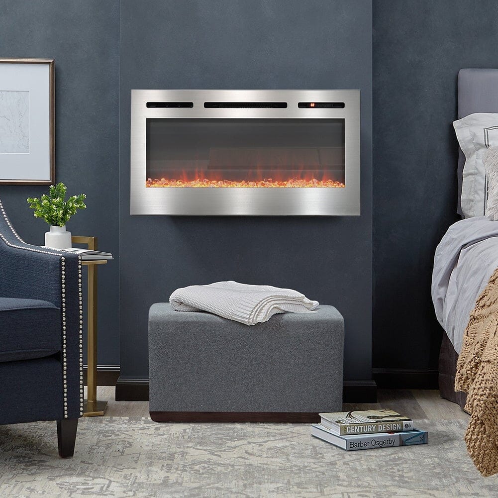 60 Inch Electric Fireplace Silver Recessed Fire with 12 LED Flame Colo ...
