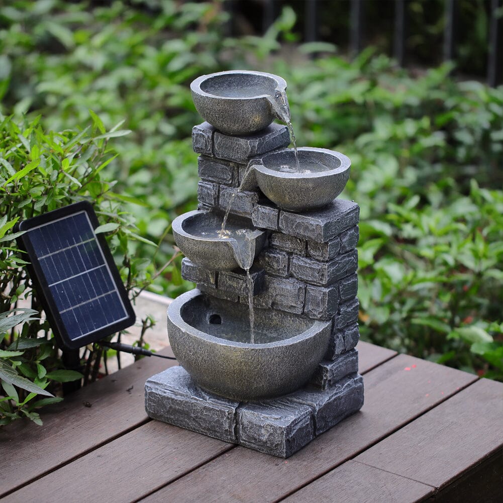 4 Tiers Rustic Solar Water Fountain with LED Lights – Living and Home