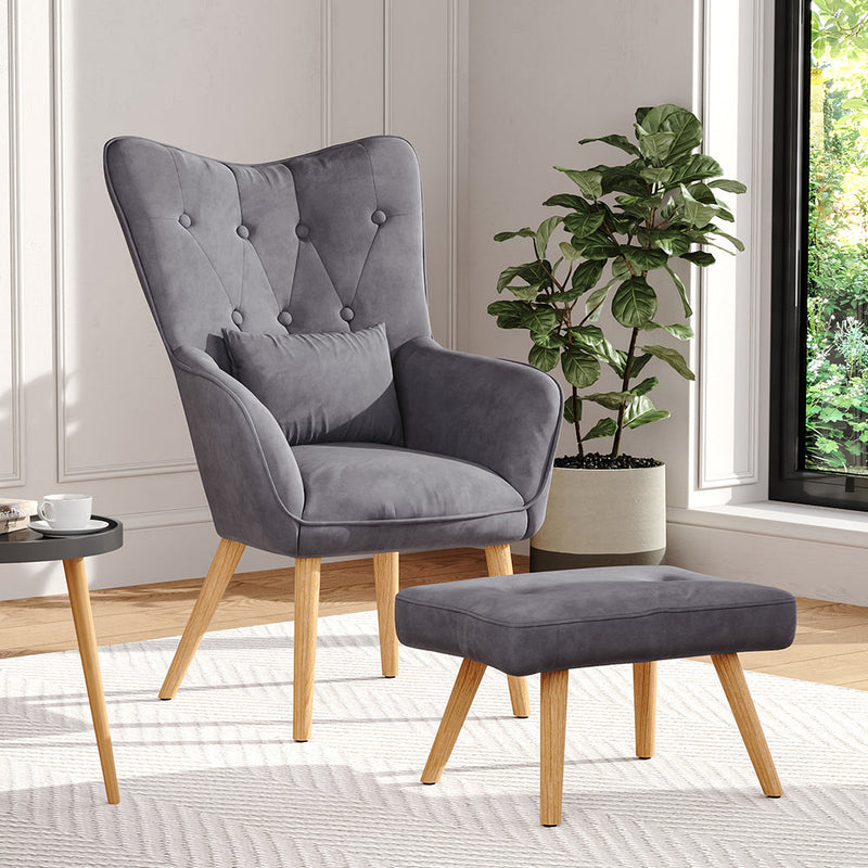 107cm Minimalist Velvet Wingback Lounge Armchair with Footstool ...