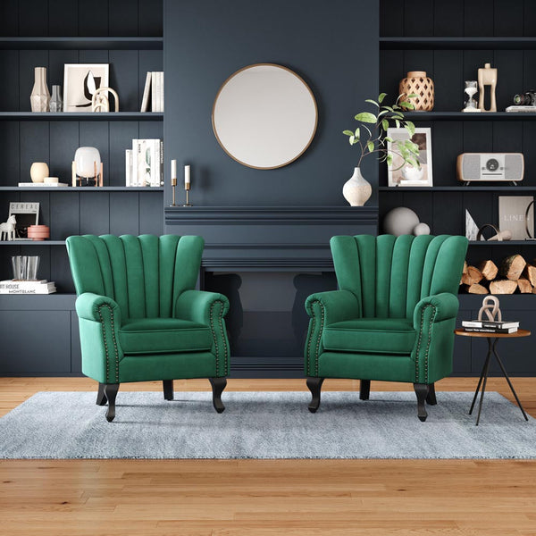 Green Velvet Upholstered Wingback Chair Thick Padded Armchair – Living ...