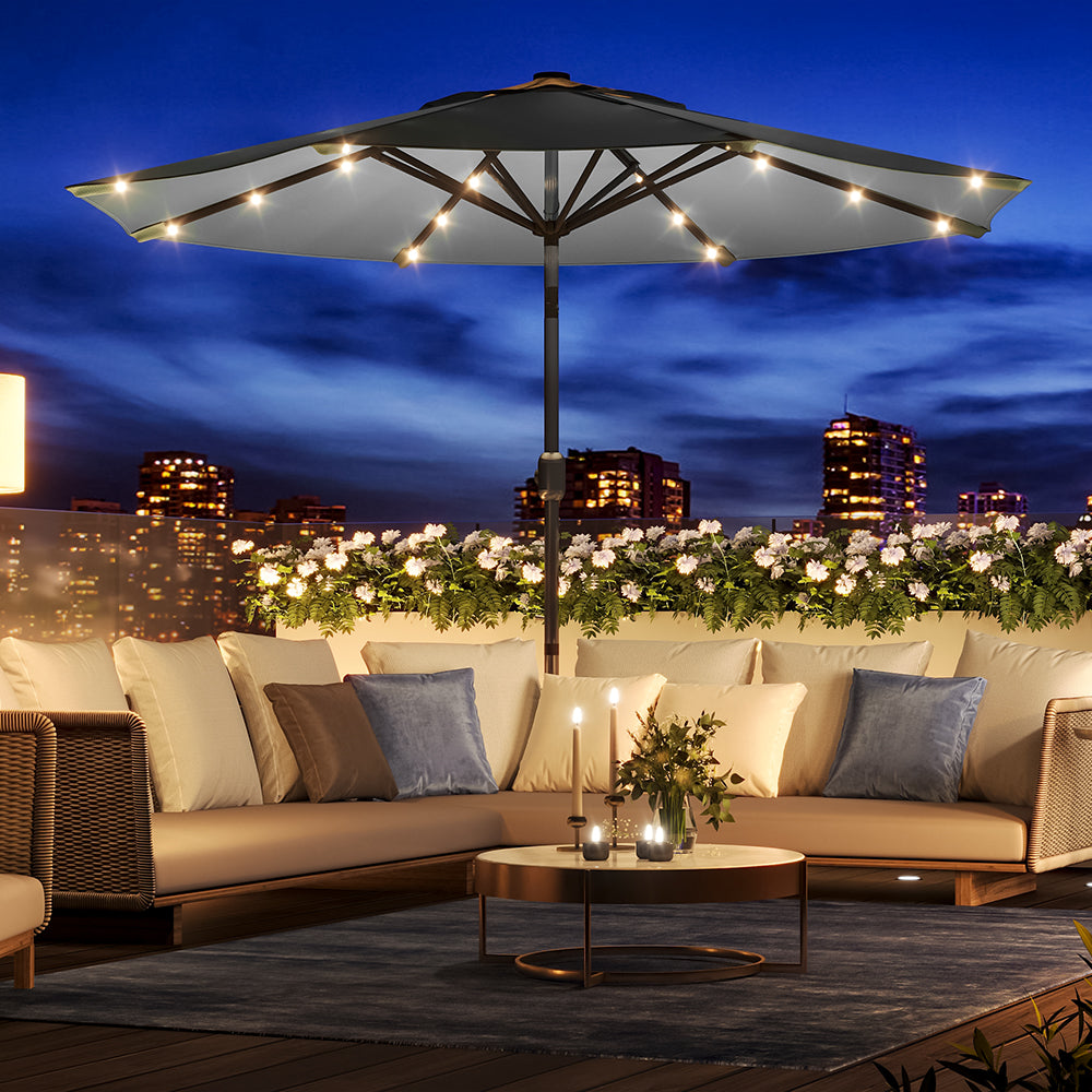 Dark Grey 3m Iron Garden Parasol Sun Umbrella With Solar LED Lights ...