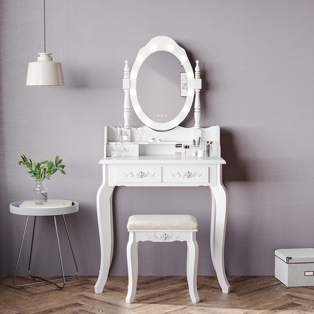4 Drawers Dressing Table Dressers Bedroom with Bulbs Mirror & Stool Se ...
