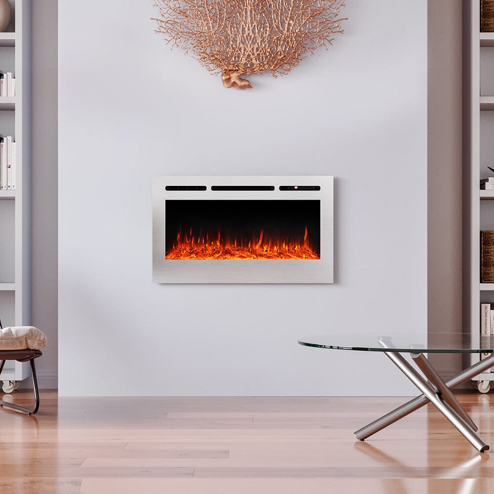 60 Inch Electric Fireplace Silver Recessed Fire with 12 LED Flame Colo ...