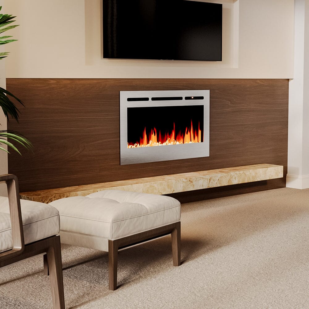 60 Inch Electric Fireplace Silver Recessed Fire with 12 LED Flame Colo ...