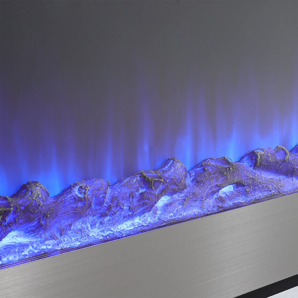 60 Inch Electric Fireplace Silver Recessed Fire with 12 LED Flame Colo ...