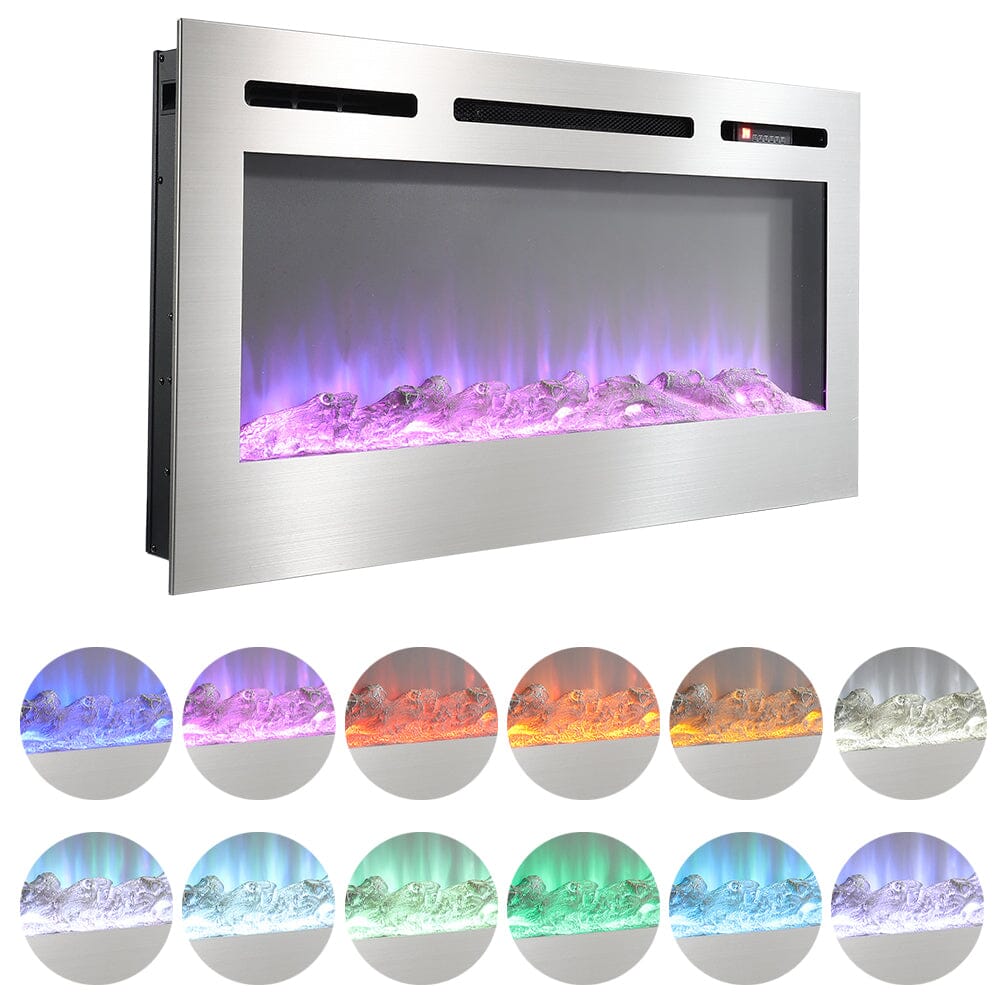 60 Inch Electric Fireplace Silver Recessed Fire with 12 LED Flame Colo ...