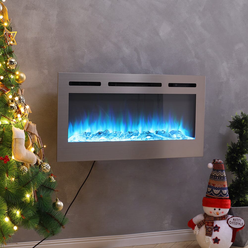 60 Inch Electric Fireplace Silver Recessed Fire with 12 LED Flame Colo ...