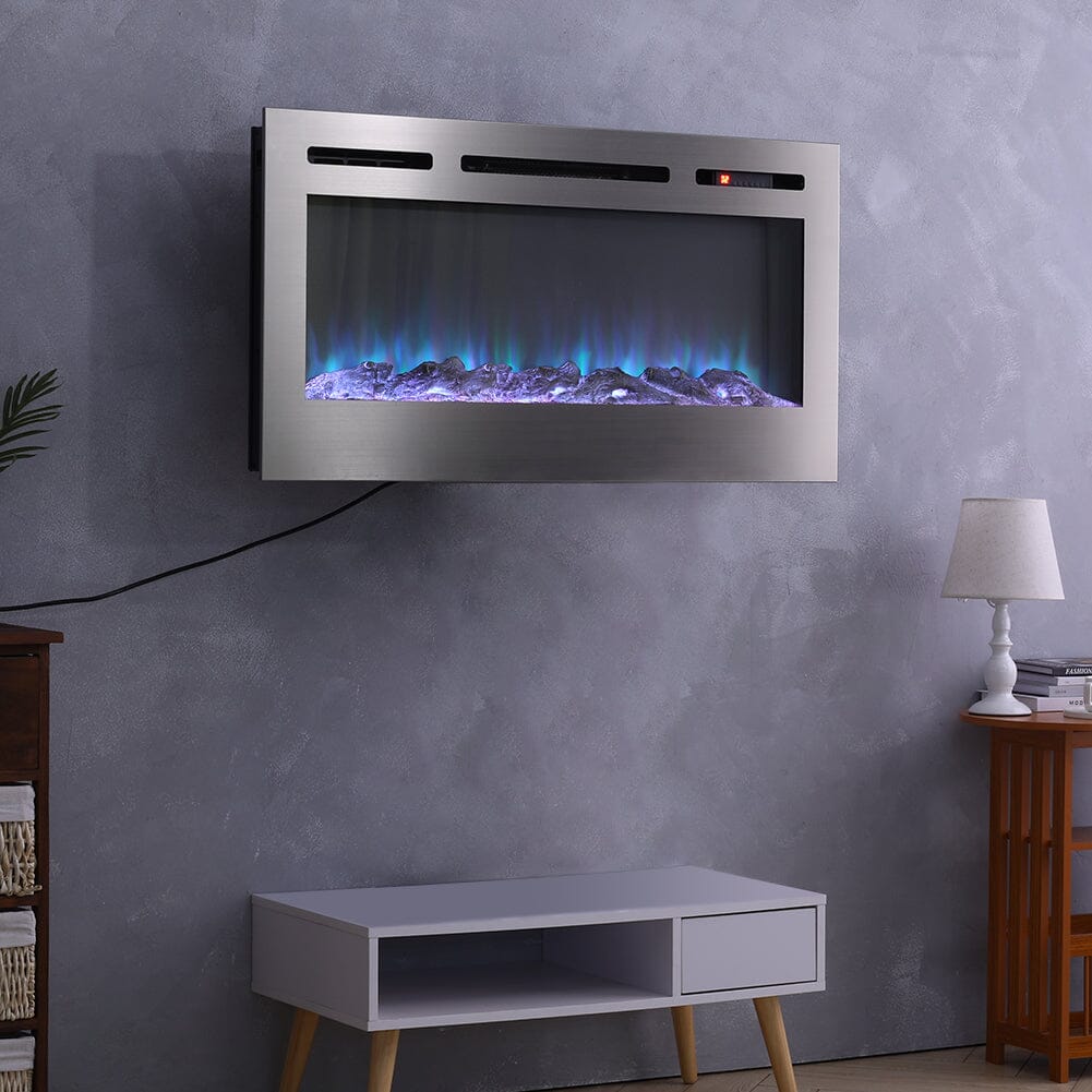 60 Inch Electric Fireplace Silver Recessed Fire with 12 LED Flame Colo ...