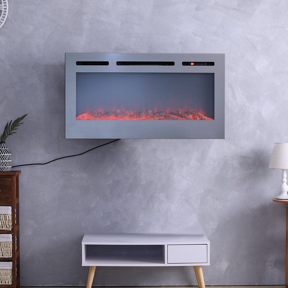 60 Inch Electric Fireplace Silver Recessed Fire with 12 LED Flame Colo ...