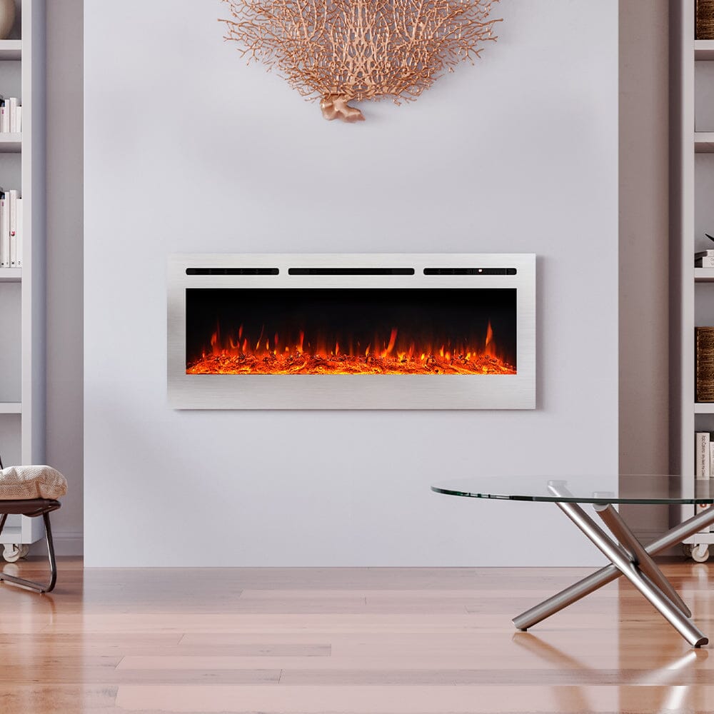 60 Inch Electric Fireplace Silver Recessed Fire with 12 LED Flame Colo ...