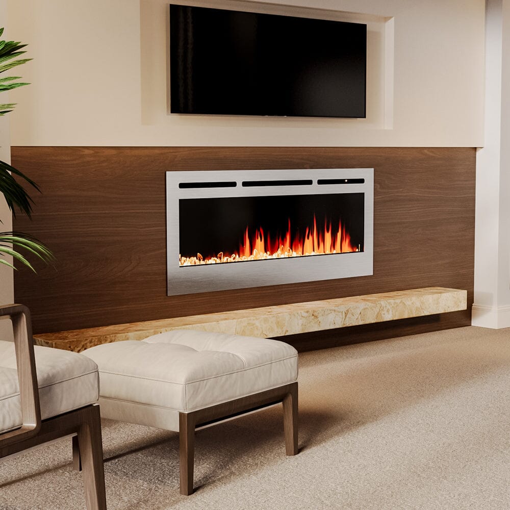60 Inch Electric Fireplace Silver Recessed Fire with 12 LED Flame Colo ...