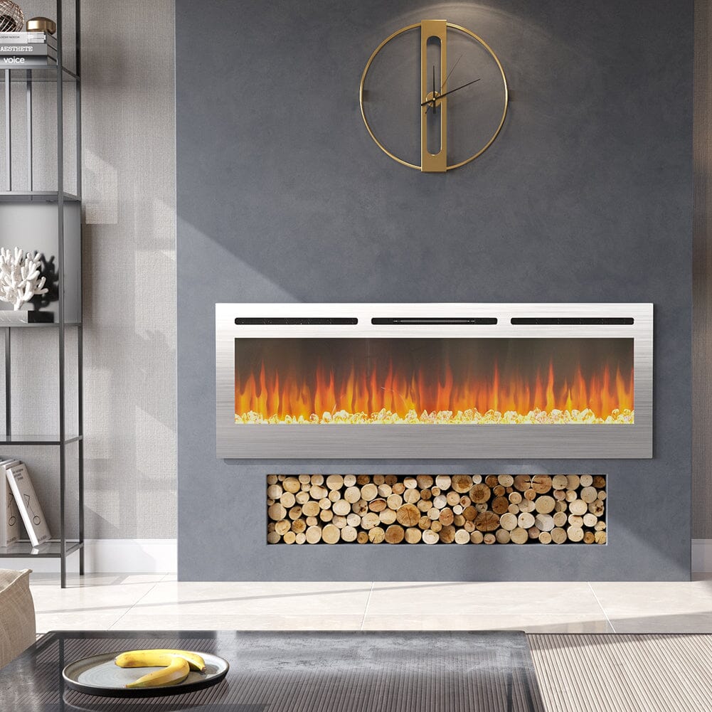 60 Inch Electric Fireplace Silver Recessed Fire with 12 LED Flame Colo ...