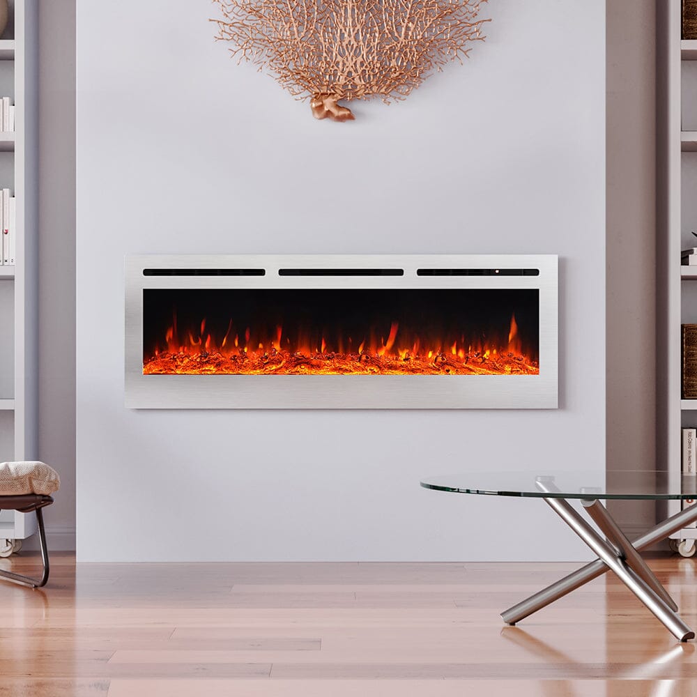60 Inch Electric Fireplace Silver Recessed Fire with 12 LED Flame Colo ...