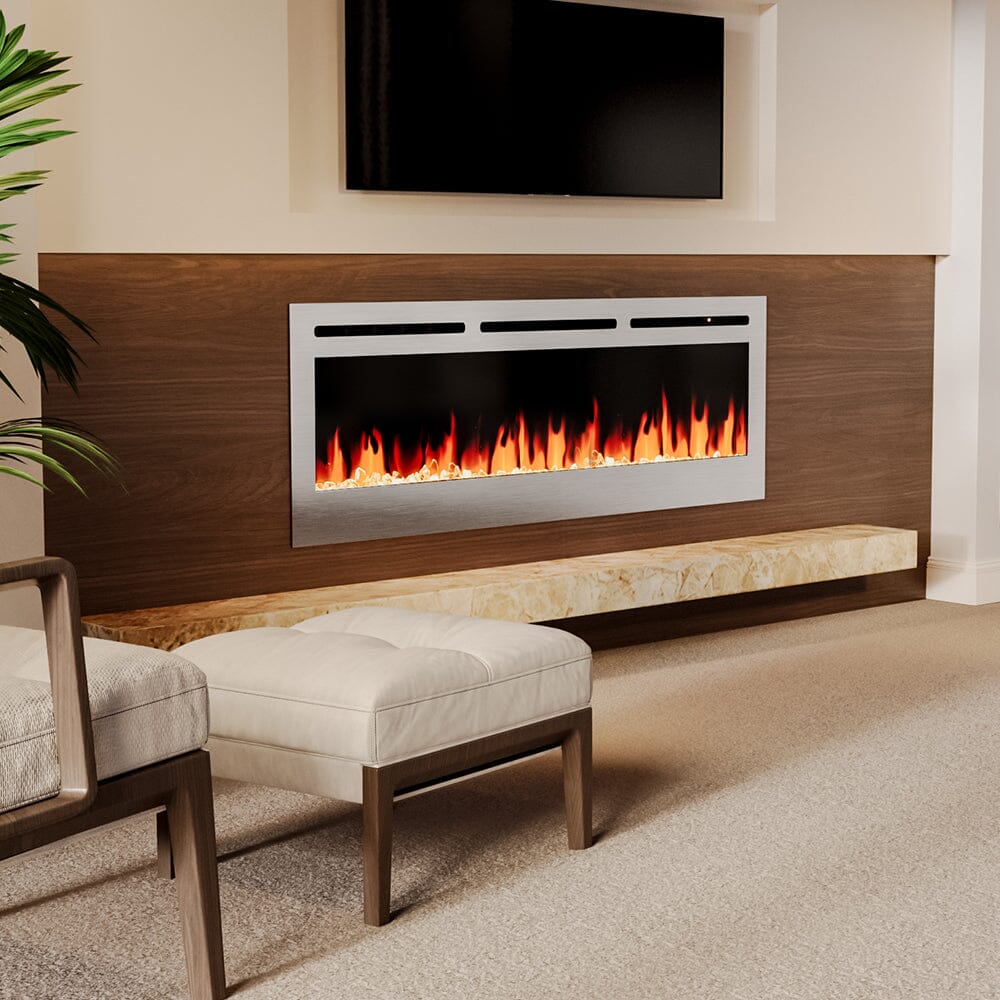 60 Inch Electric Fireplace Silver Recessed Fire with 12 LED Flame Colo ...